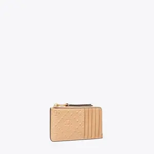 Tory Burch T Monogram Patent Embossed Zip Card Case - Light Peach