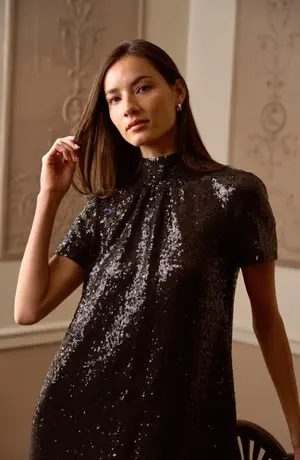 CECE DUPRAZ Sequin Mini Shift Dress - Rich Black