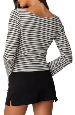 EDIKTED Lilia Stripe Flare Sleeve Cropped Top