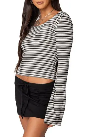 EDIKTED Lilia Stripe Flare Sleeve Cropped Top