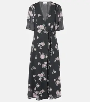 GANNI Floral Crepe Wrap Dress - Black
