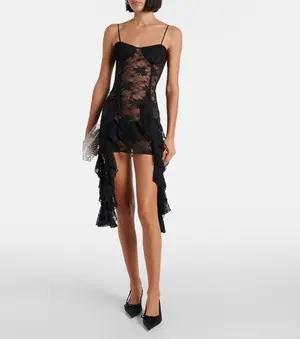 Oseree Ruffled Lace Minidress - Black