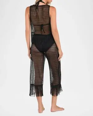 La Blanca Crochet Tank Top With Fringe - Black