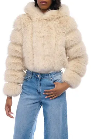 AZALEA WANG Jolene Crop Faux Fur Hooded Jacket - Beige