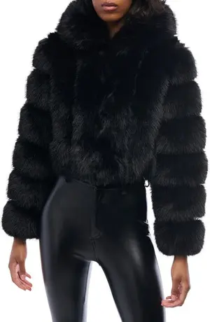AZALEA WANG Jolene Crop Faux Fur Hooded Jacket - Black