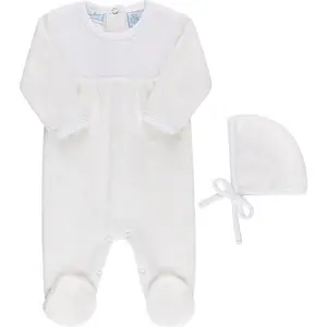 FELTMAN BROTHERS Smocked Yoke Cotton Velour Footie & Hat Set - Ivory