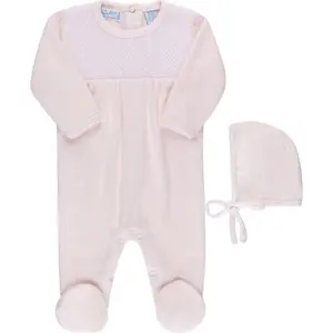 FELTMAN BROTHERS Smocked Yoke Cotton Velour Footie & Hat Set - Pink