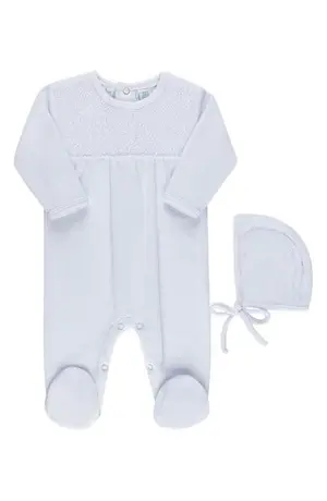 FELTMAN BROTHERS Smocked Yoke Velour Footie & Hat Set - Blue