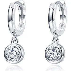 Lafonn Simulated Diamond Bezel Drop Sterling Silver Huggie Hoop Earrings - White/ Silver