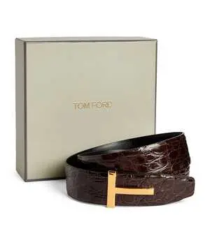 TOM FORD Leather Reversible T Icon Belt - Brown