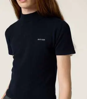 Miu Miu Ribbed Cashmere High Neck Short Sleeve Sweater