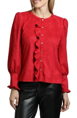 APNY Ruffle Faux Suede Button-up Shirt
