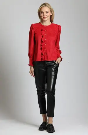 APNY Ruffle Faux Suede Button-up Shirt