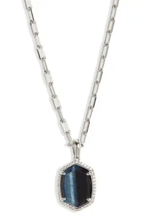 Kendra Scott Daphne Pavé Frame Pendant Necklace - Rhodium Navy Tigers Eye