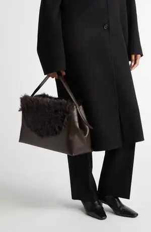 TOTEME T-lock Leather & Shearling Top Handle Bag - Bark