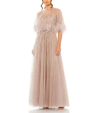 Mac Duggal Embellished A-line Gown With Feather Cape - Mocha