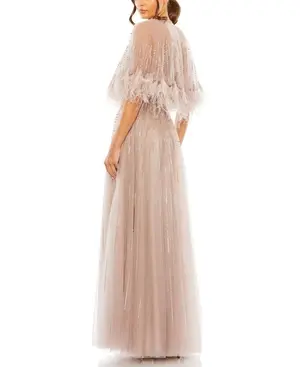 Mac Duggal Embellished A-line Gown With Feather Cape - Mocha