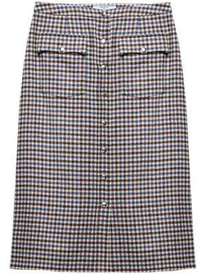 Prada Wool Checked Midi Skirt