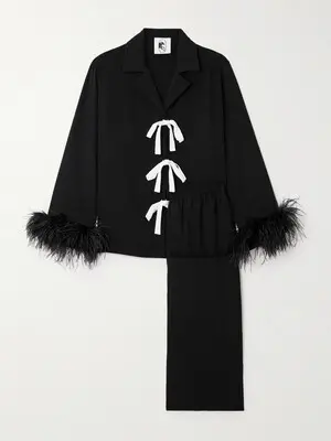Sleeper Party Feather-trimmed Twill Pajama Set - Black