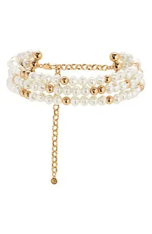 Ettika Faux Pearl Beaded Triple Layer Choker Necklace - Gold