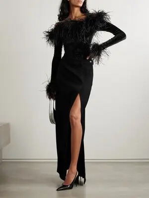 Oseree Plumage Feather-trimmed Velvet Bodysuit