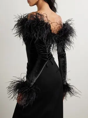 Oseree Plumage Feather-trimmed Velvet Bodysuit