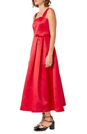 English Factory Pleated Belted Midi Dress - Red