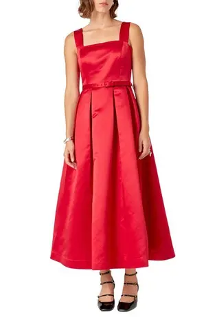 English Factory Pleated Belted Midi Dress - Red