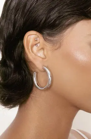 Ettika Medium Thick Hoop Earrings - Rhodium