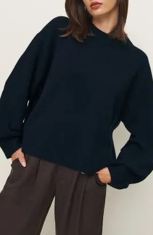 REFORMATION Cove Oversized Crewneck Cashmere Blend Sweater - Navy