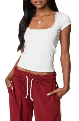 EDIKTED Priscilla Lace Trim T-shirt - White