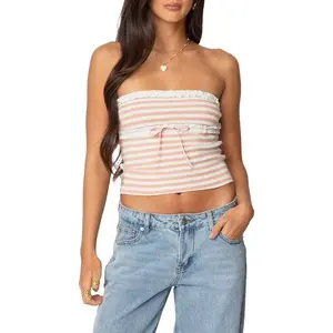 EDIKTED Stripe Ruffle Trim Tube Top