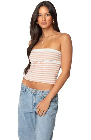 EDIKTED Stripe Ruffle Trim Tube Top