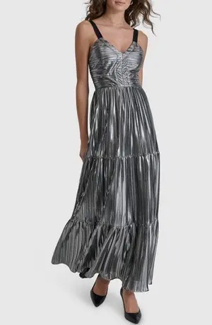 Dkny Foil Plissé Sleeveless Maxi Dress