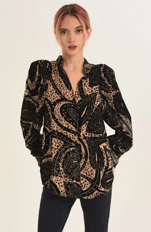 CIEBON Sadie Mixed Print Burnout Velvet Button-up Shirt