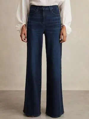 REISS Heather Stretch-cotton Wide-leg Jeans - Dark Blue