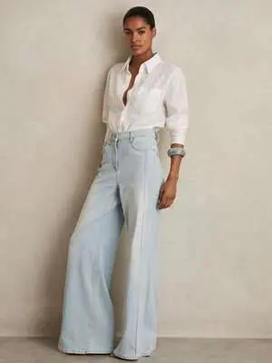 REISS Heather Stretch-Cotton Wide-Leg Jeans Light Blue