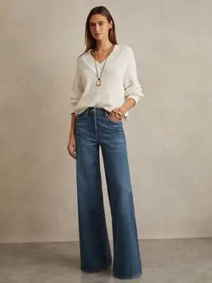 REISS Heather Stretch-Cotton Wide-Leg Jeans Mid Blue