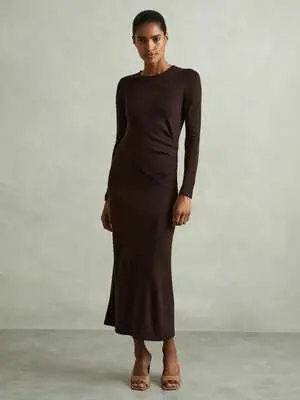 REISS Sloane Petite Wool Ruche Detail Midi Dress