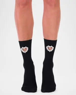 STEMS Crystal Heart Cutout Crew Socks - Black