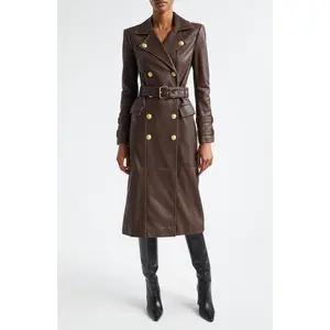 L'AGENCE Celina Double Breasted Leather Trench Coat - Chocolate