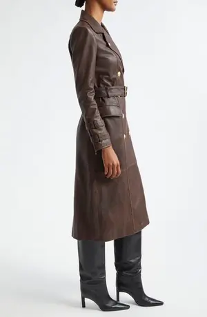L'AGENCE Celina Double Breasted Leather Trench Coat