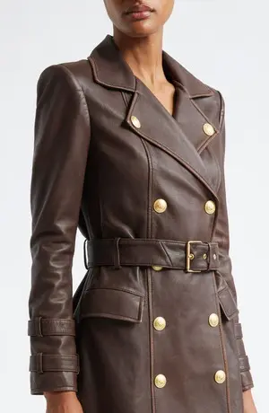 L'AGENCE Celina Double Breasted Leather Trench Coat