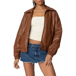 EDIKTED Halley Faux Leather Bomber Jacket - Brown