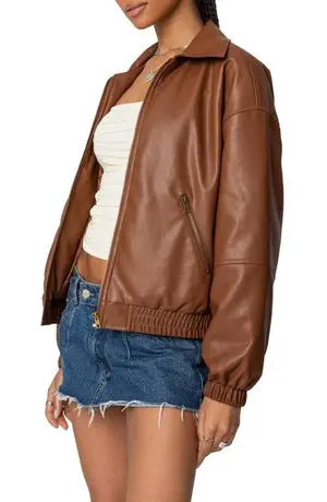 EDIKTED Halley Faux Leather Bomber Jacket - Brown