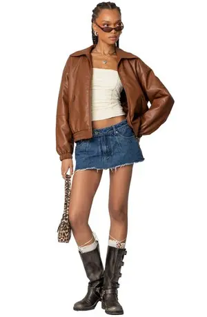 EDIKTED Halley Faux Leather Bomber Jacket - Brown