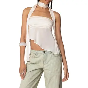 EDIKTED Asymmetric Satin Tube Top & Scarf Set - Cream