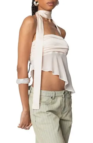 EDIKTED Asymmetrical Satin Tube Top & Scarf Set