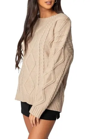 EDIKTED Kennedy Oversize Cable Stitch Sweater Tunic - Beige