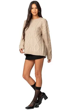 EDIKTED Kennedy Oversize Cable Stitch Sweater Tunic - Beige